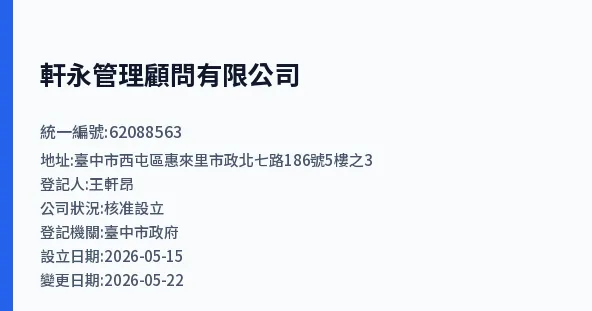 軒永管理顧問有限公司的照片-統編 62088563(臺中市) 公司登記資料與營業項目詳細圖表