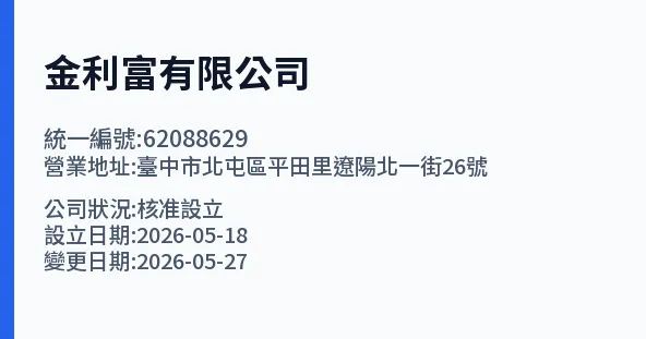 金利富有限公司的照片-統編 62088629(臺中市) 公司登記資料與營業項目詳細圖表