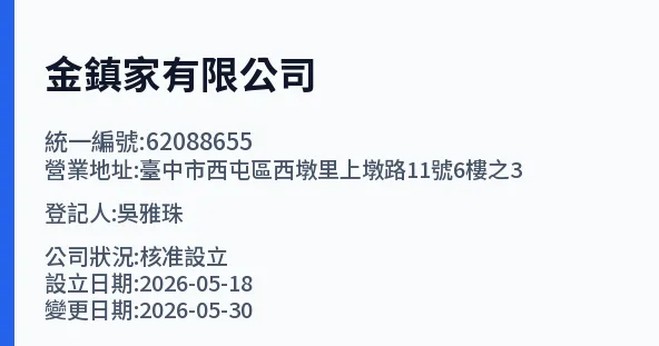金鎮家有限公司的照片-統編 62088655(臺中市) 公司登記資料與營業項目詳細圖表