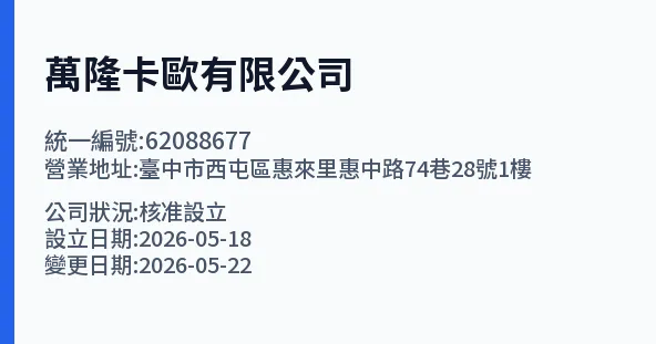 萬隆卡歐有限公司的照片-統編 62088677(臺中市) 公司登記資料與營業項目詳細圖表