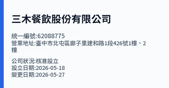 三木餐飲股份有限公司的照片-統編 62088775(臺中市) 公司登記資料與營業項目詳細圖表