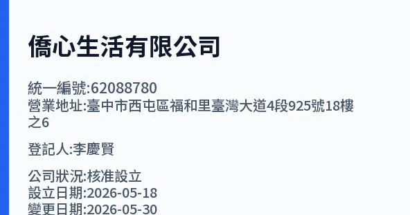 僑心生活有限公司的照片-統編 62088780(臺中市) 公司登記資料與營業項目詳細圖表