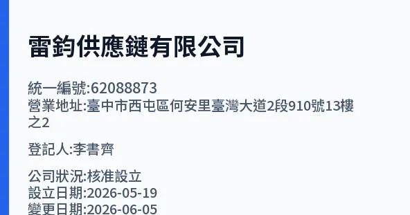 雷鈞供應鏈有限公司的照片-統編 62088873(臺中市) 公司登記資料與營業項目詳細圖表