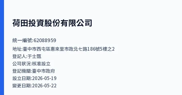 荷田投資股份有限公司的照片-統編 62088959(臺中市) 公司登記資料與營業項目詳細圖表