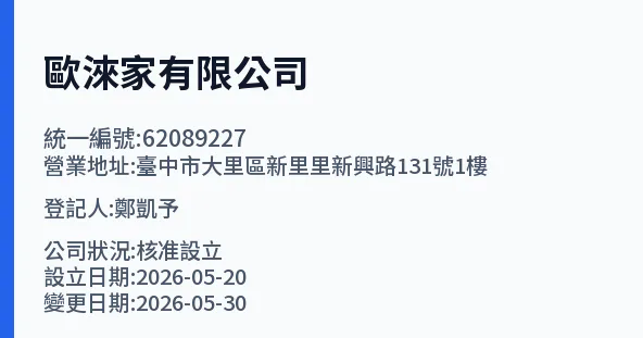 歐淶家有限公司的照片-統編 62089227(臺中市) 公司登記資料與營業項目詳細圖表