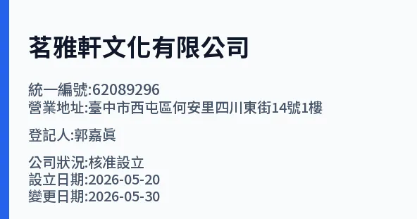 茗雅軒文化有限公司的照片-統編 62089296(臺中市) 公司登記資料與營業項目詳細圖表