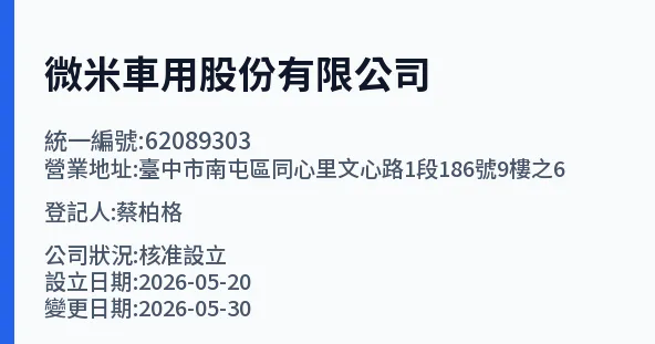 微米車用股份有限公司的照片-統編 62089303(臺中市) 公司登記資料與營業項目詳細圖表