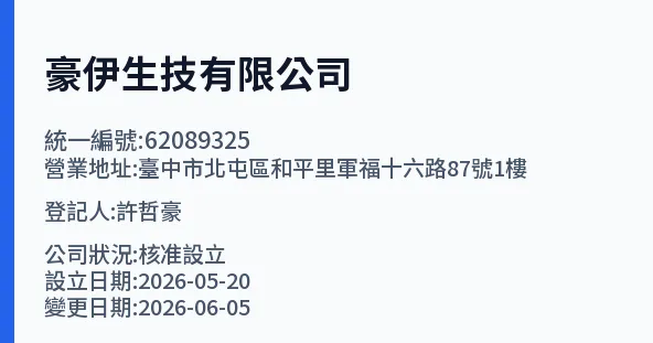 豪伊生技有限公司的照片-統編 62089325(臺中市) 公司登記資料與營業項目詳細圖表