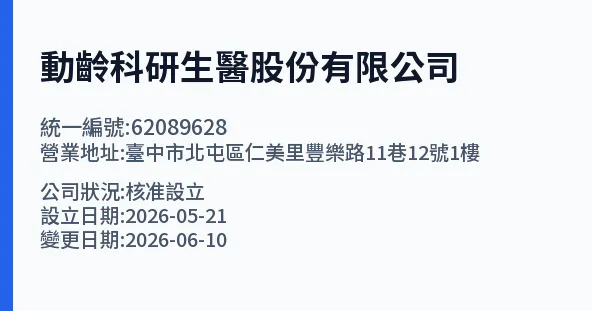 動齡科研生醫股份有限公司的照片-統編 62089628(臺中市) 公司登記資料與營業項目詳細圖表