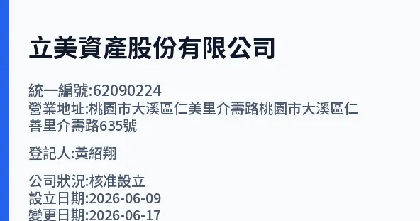 立美資產股份有限公司的照片-統編 62090224(桃園市) 公司登記資料與營業項目詳細圖表
