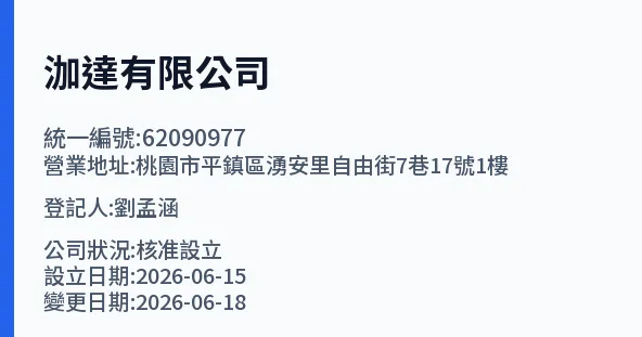 泇達有限公司的照片-統編 62090977(桃園市) 公司登記資料與營業項目詳細圖表
