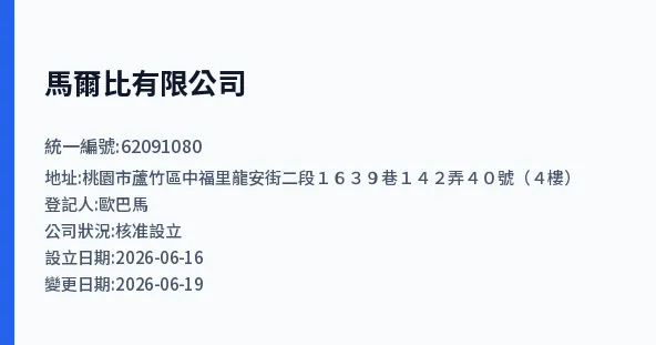 馬爾比有限公司的照片-統編 62091080(桃園市) 公司登記資料與營業項目詳細圖表