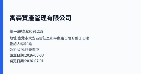 寓森資產管理有限公司的照片-統編 62091259(臺北市) 公司登記資料與營業項目詳細圖表