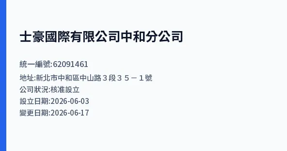 士豪國際有限公司中和分公司的照片-統編 62091461(新北市) 公司登記資料與營業項目詳細圖表