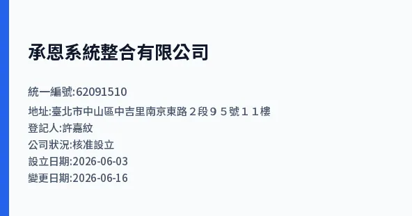 承恩系統整合有限公司的照片-統編 62091510(臺北市) 公司登記資料與營業項目詳細圖表