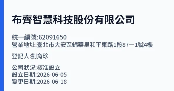 布齊智慧科技股份有限公司的照片-統編 62091650(臺北市) 公司登記資料與營業項目詳細圖表