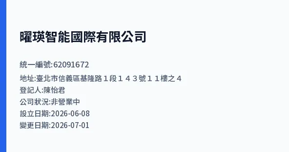 曜瑛智能國際有限公司的照片-統編 62091672(臺北市) 公司登記資料與營業項目詳細圖表