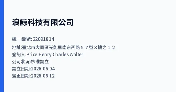 浪鯨科技有限公司的照片-統編 62091814(臺北市) 公司登記資料與營業項目詳細圖表