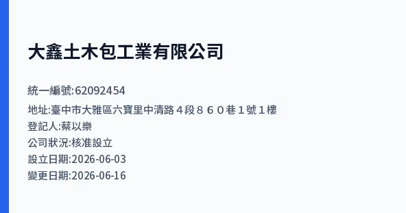 大鑫土木包工業有限公司的照片-統編 62092454(臺中市) 公司登記資料與營業項目詳細圖表