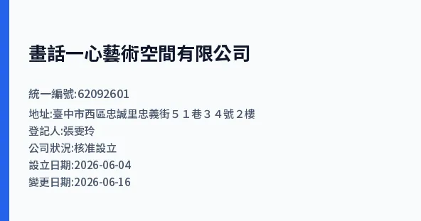 畫話一心藝術空間有限公司的照片-統編 62092601(臺中市) 公司登記資料與營業項目詳細圖表