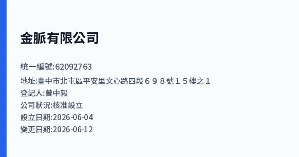 金脈有限公司的照片-統編 62092763(臺中市) 公司登記資料與營業項目詳細圖表
