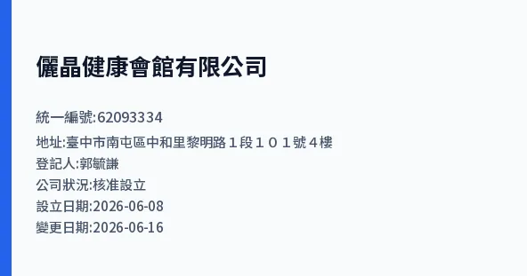 儷晶健康會館有限公司的照片-統編 62093334(臺中市) 公司登記資料與營業項目詳細圖表