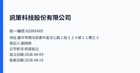 訊策科技股份有限公司的照片-統編 62093405(臺中市) 公司登記資料與營業項目詳細圖表