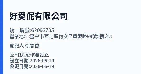 好愛伲有限公司的照片-統編 62093735(臺中市) 公司登記資料與營業項目詳細圖表