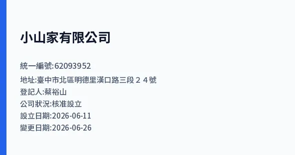 小山家有限公司的照片-統編 62093952(臺中市) 公司登記資料與營業項目詳細圖表
