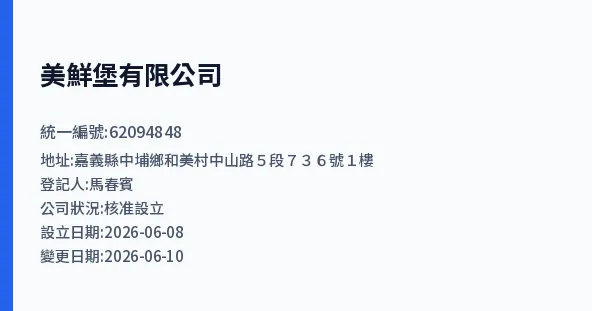 美鮮堡有限公司的照片-統編 62094848(嘉義縣) 公司登記資料與營業項目詳細圖表