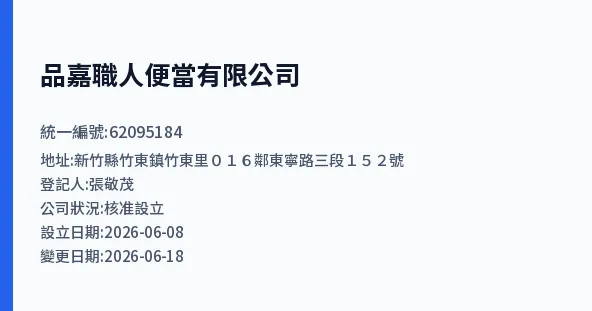 品嘉職人便當有限公司的照片-統編 62095184(新竹縣) 公司登記資料與營業項目詳細圖表
