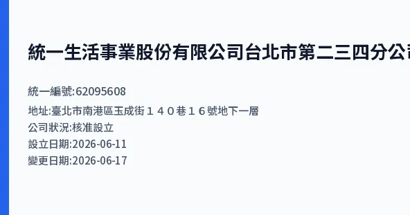 統一生活事業股份有限公司台北市第二三四分公司的照片-統編 62095608(臺北市) 公司登記資料與營業項目詳細圖表