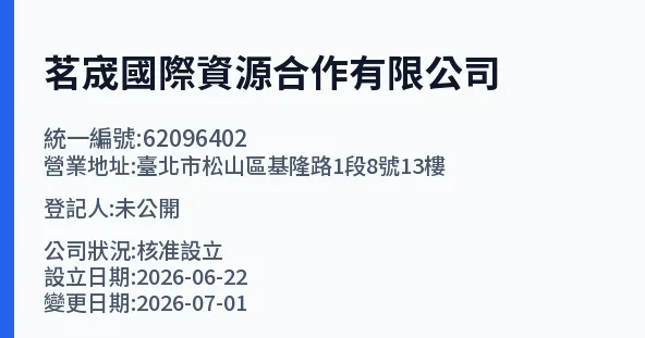 茗宬國際資源合作有限公司的照片-統編 62096402(臺北市) 公司登記資料與營業項目詳細圖表