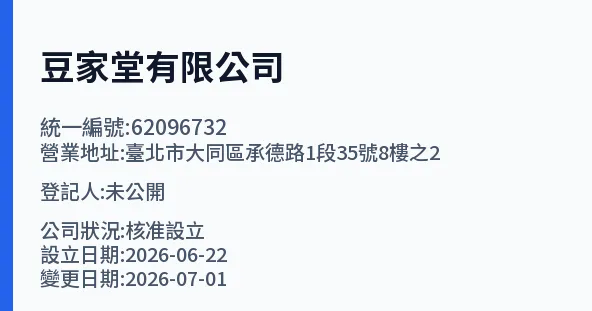 豆家堂有限公司的照片-統編 62096732(臺北市) 公司登記資料與營業項目詳細圖表