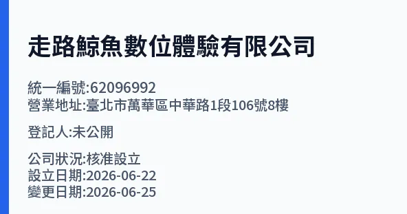 走路鯨魚數位體驗有限公司的照片-統編 62096992(臺北市) 公司登記資料與營業項目詳細圖表