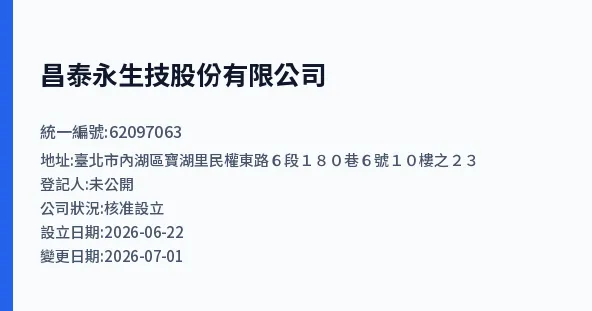 昌泰永生技股份有限公司的照片-統編 62097063(臺北市) 公司登記資料與營業項目詳細圖表