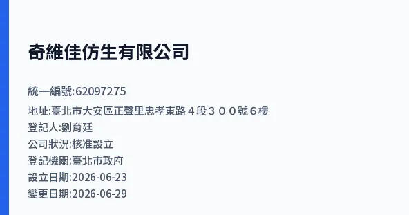 奇維佳仿生有限公司的照片-統編 62097275(臺北市) 公司登記資料與營業項目詳細圖表