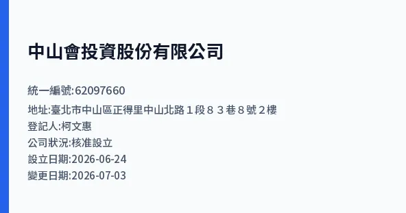 中山會投資股份有限公司的照片-統編 62097660(臺北市) 公司登記資料與營業項目詳細圖表