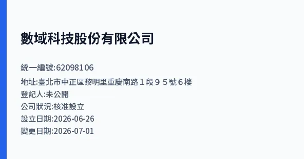 數域科技股份有限公司的照片-統編 62098106(臺北市) 公司登記資料與營業項目詳細圖表