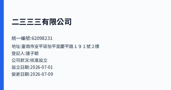 二三三三有限公司的照片-統編 62098231(臺南市) 公司登記資料與營業項目詳細圖表