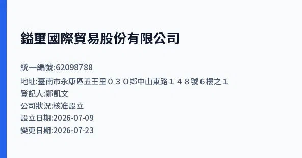 鎰璽國際貿易股份有限公司的照片-統編 62098788(臺南市) 公司登記資料與營業項目詳細圖表