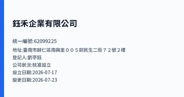 鈺禾企業有限公司的照片-統編 62099225(臺南市) 公司登記資料與營業項目詳細圖表