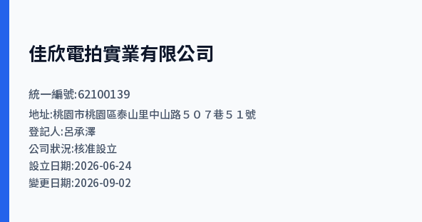 佳欣電拍實業有限公司的照片-統編 62100139 公司登記資料與營業項目詳細圖表