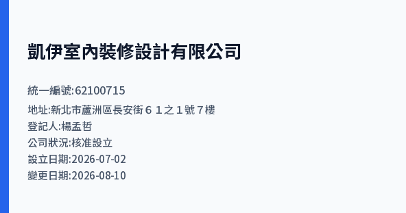 凱伊室內裝修設計有限公司的照片-統編 62100715(新北市) 公司登記資料與營業項目詳細圖表