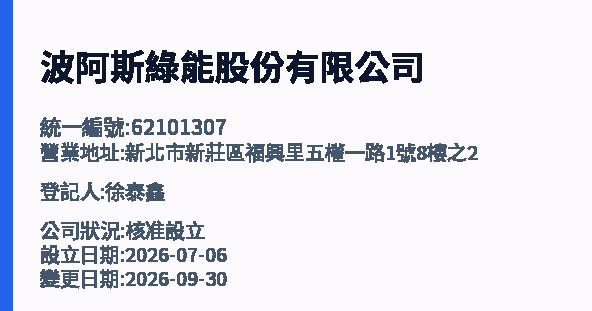 波阿斯綠能股份有限公司的照片-統編 62101307(新北市) 公司登記資料與營業項目詳細圖表