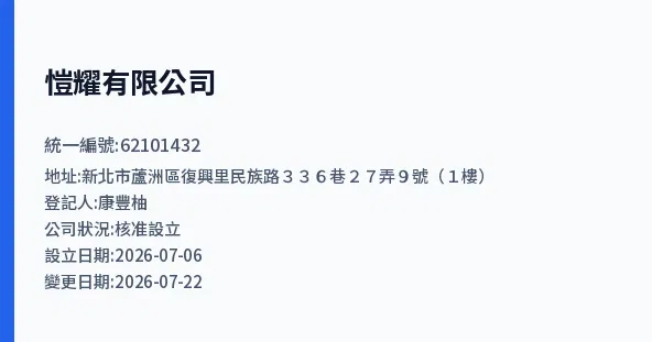愷耀有限公司的照片-統編 62101432(新北市) 公司登記資料與營業項目詳細圖表