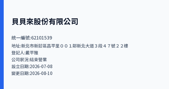 貝貝來股份有限公司的照片-統編 62101539 公司登記資料與營業項目詳細圖表