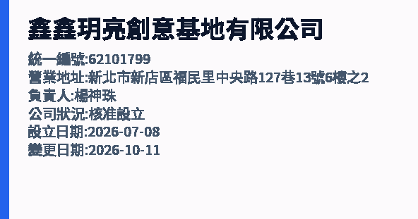 鑫鑫玥亮創意基地有限公司的照片-統編 62101799(新北市) 公司登記資料與營業項目詳細圖表