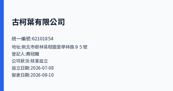 古柯葉有限公司的照片-統編 62101854(新北市) 公司登記資料與營業項目詳細圖表