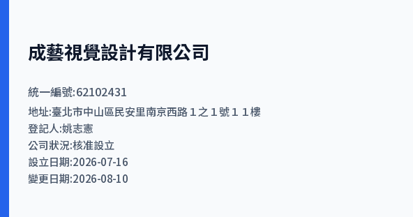 成藝視覺設計有限公司的照片-統編 62102431(臺北市) 公司登記資料與營業項目詳細圖表